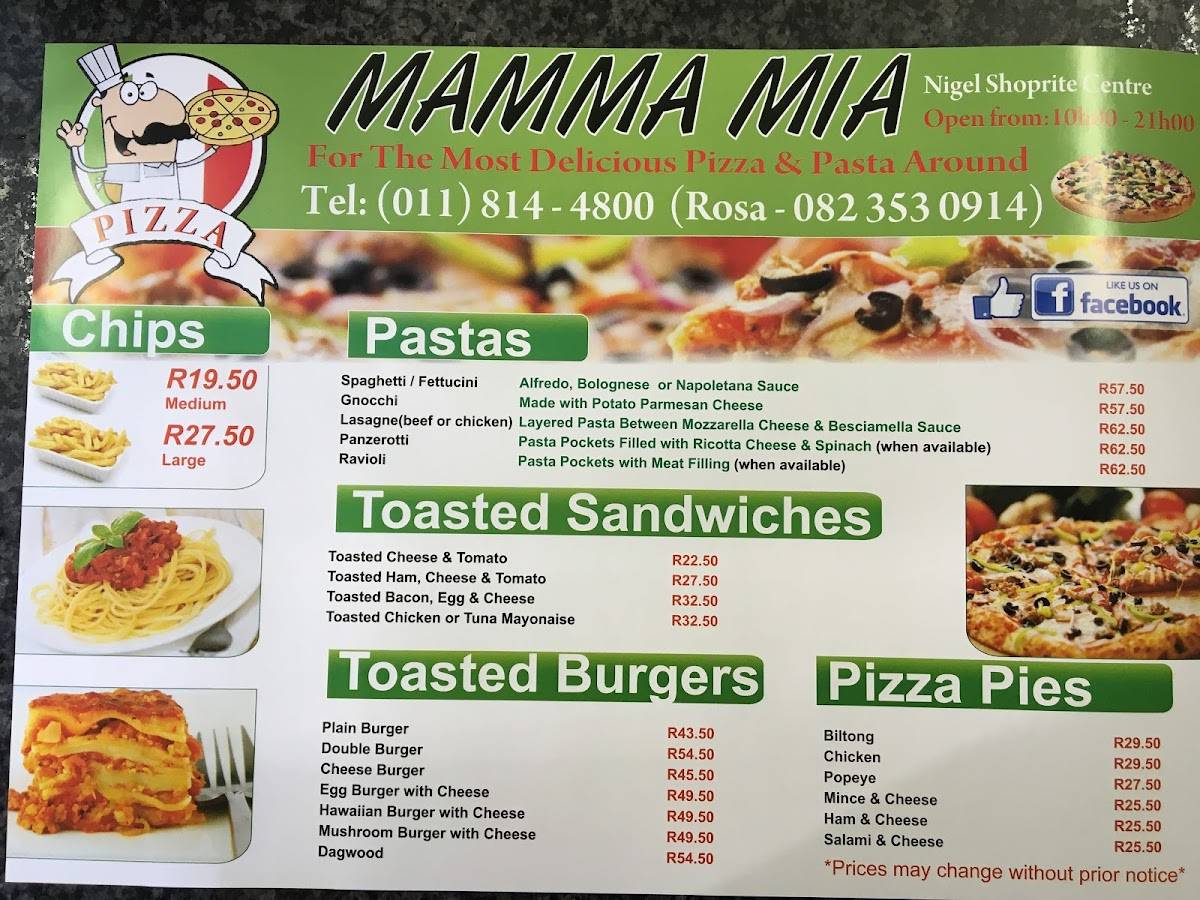 Menu at Mamma Mia restaurant, Nigel, Hendrik Verwoerd Shoprite Centre ...