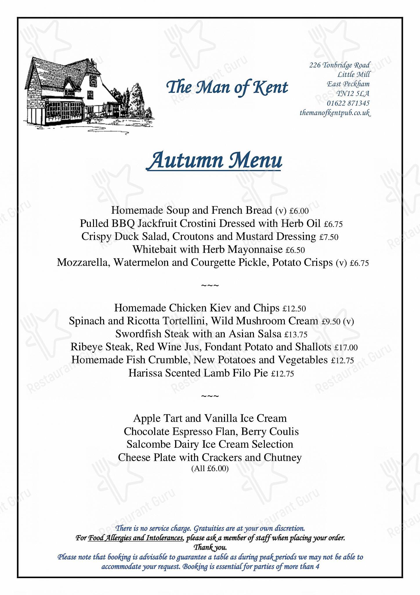 Menu at The Man of Kent pub & bar, Horsmonden, 226 Tonbridge Rd