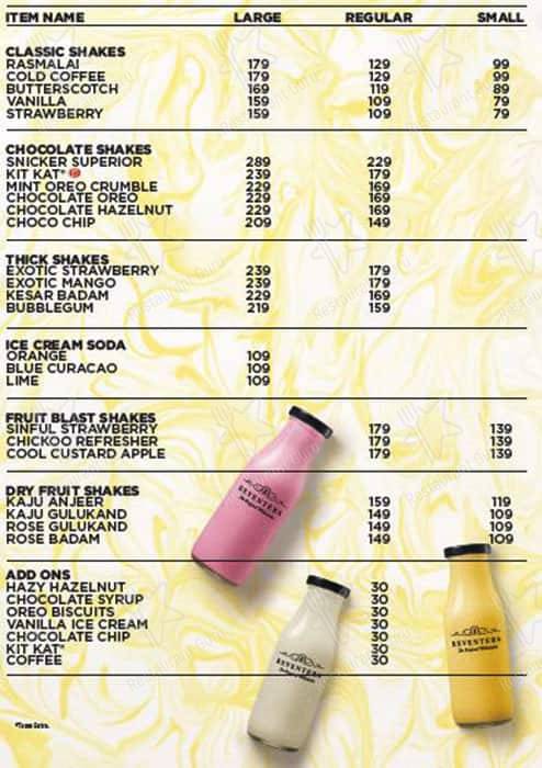 Menu at Keventers, Manali