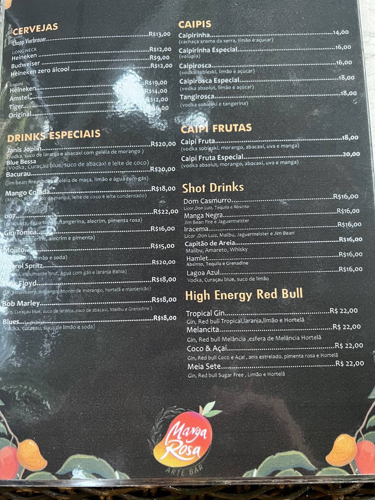 Menu em Manga Rosa Arte Bar, João Pessoa