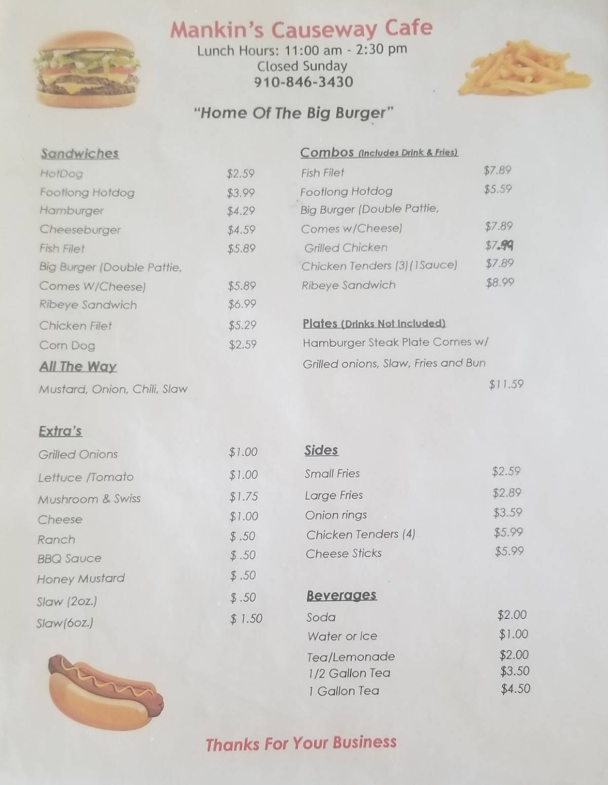 Menu at Mankins Causeway Cafe, Holden Beach