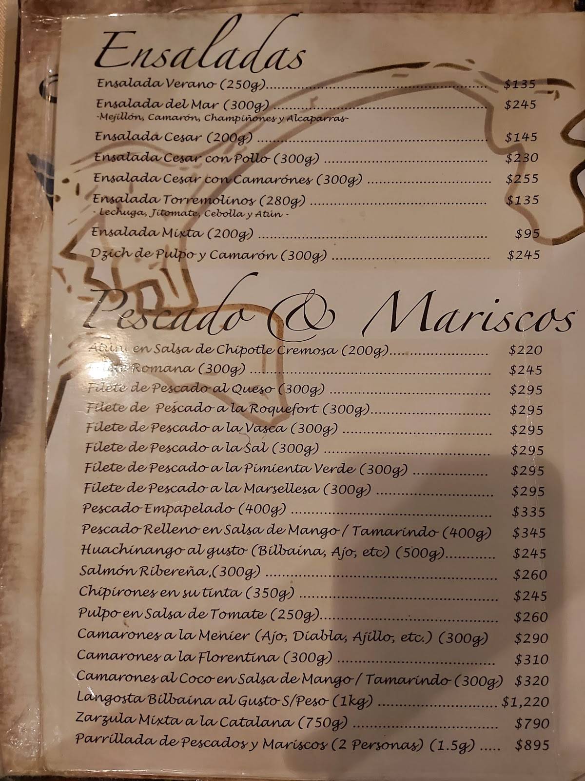 Carta de Restaurante El Marinero, Manzanillo