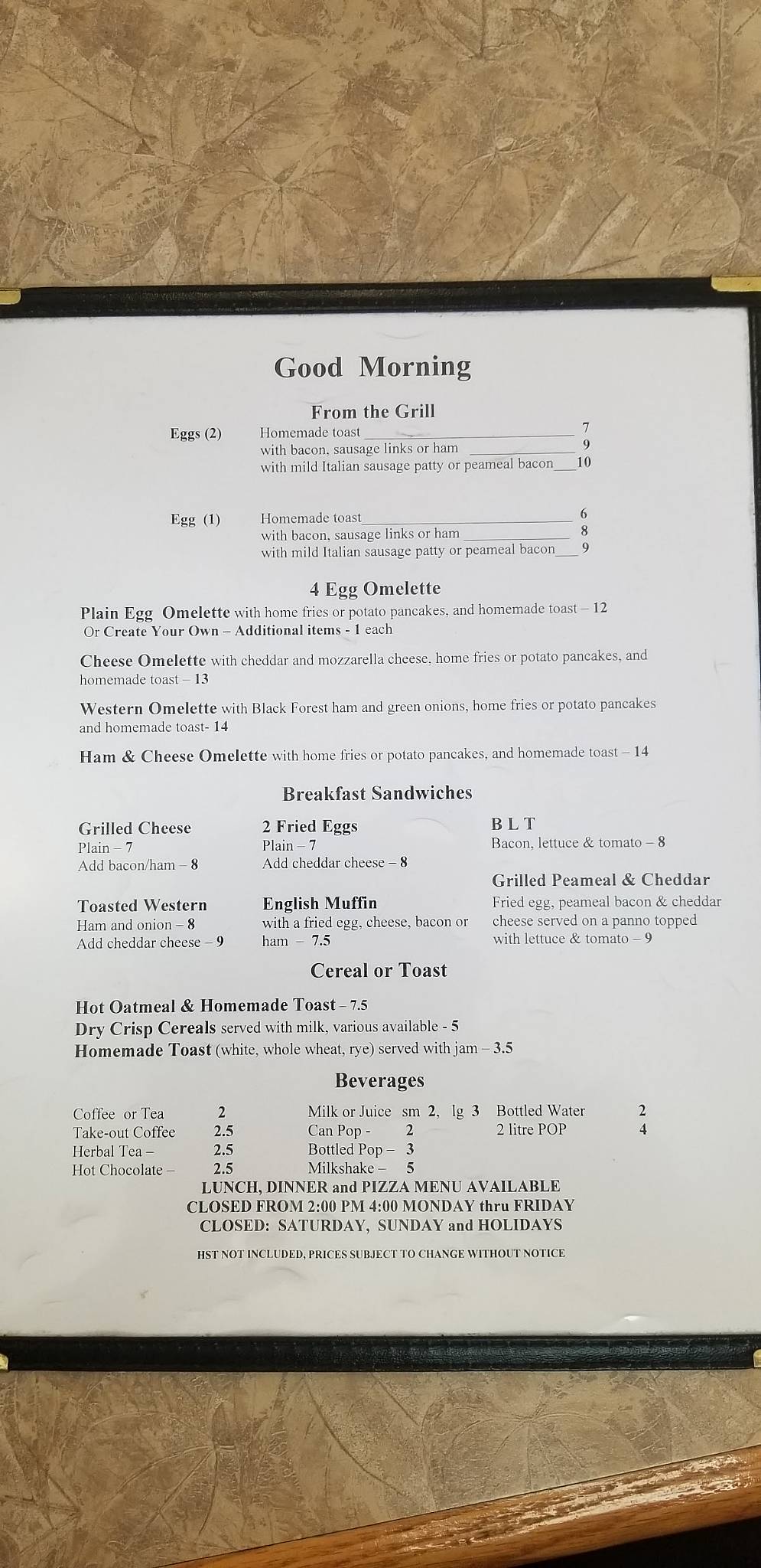 Menu at The Oar House pub & bar, Marathon