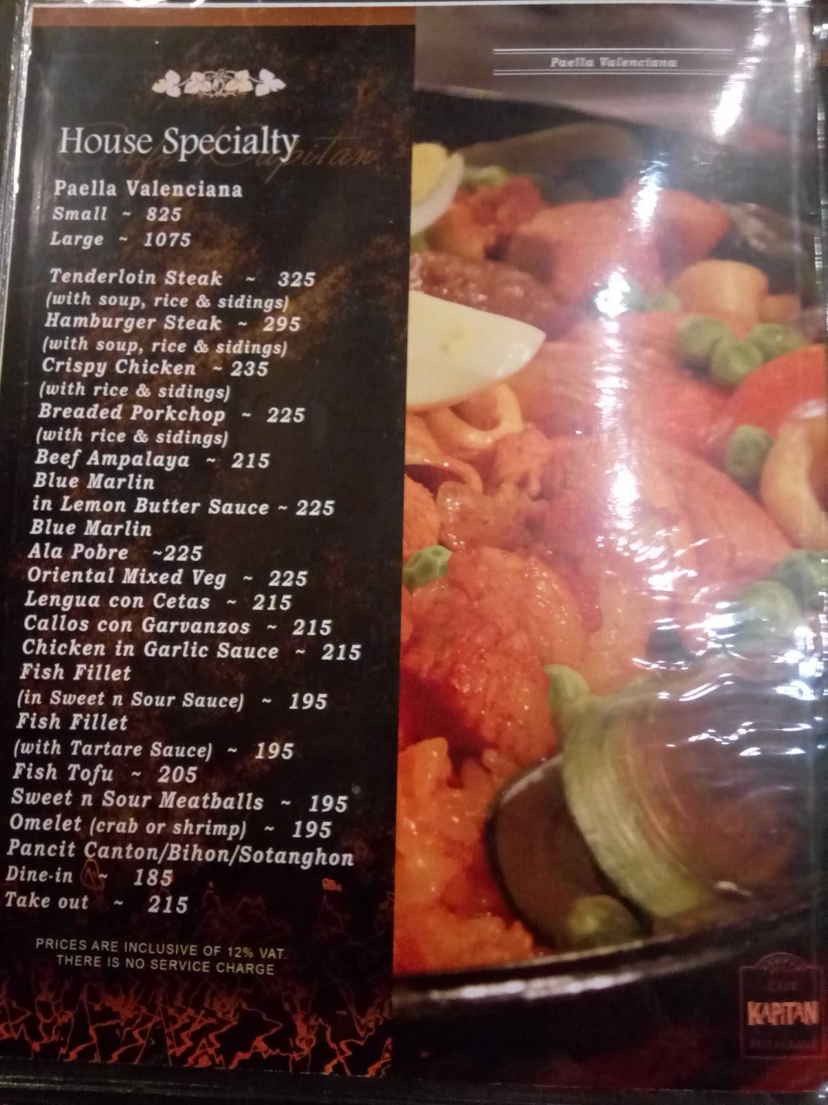 Menu at Cafe Kapitan Restaurant, Marikina, 323 J. P. Rizal St