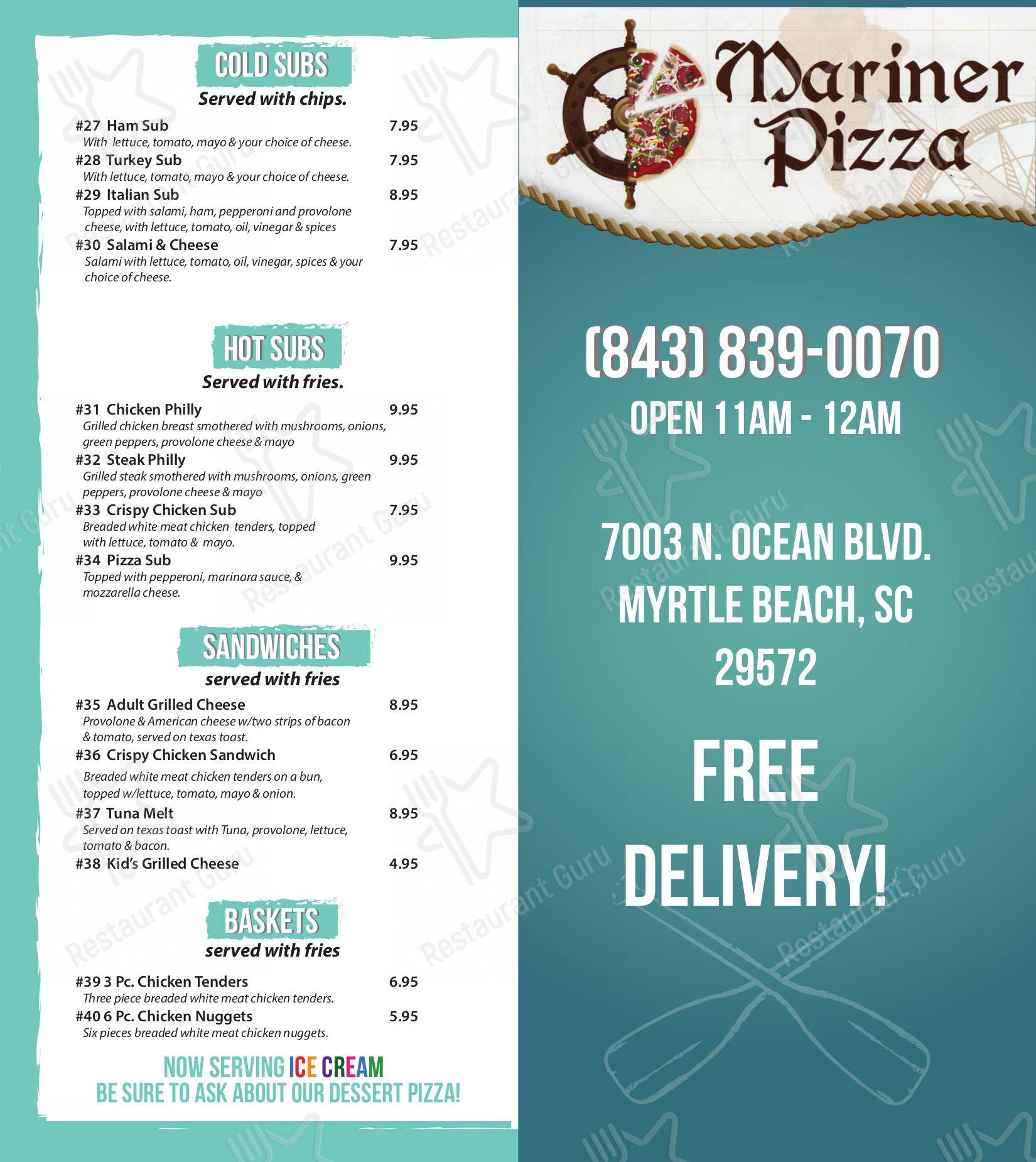 Menu at Mariner Pizza pizzeria, Myrtle Beach