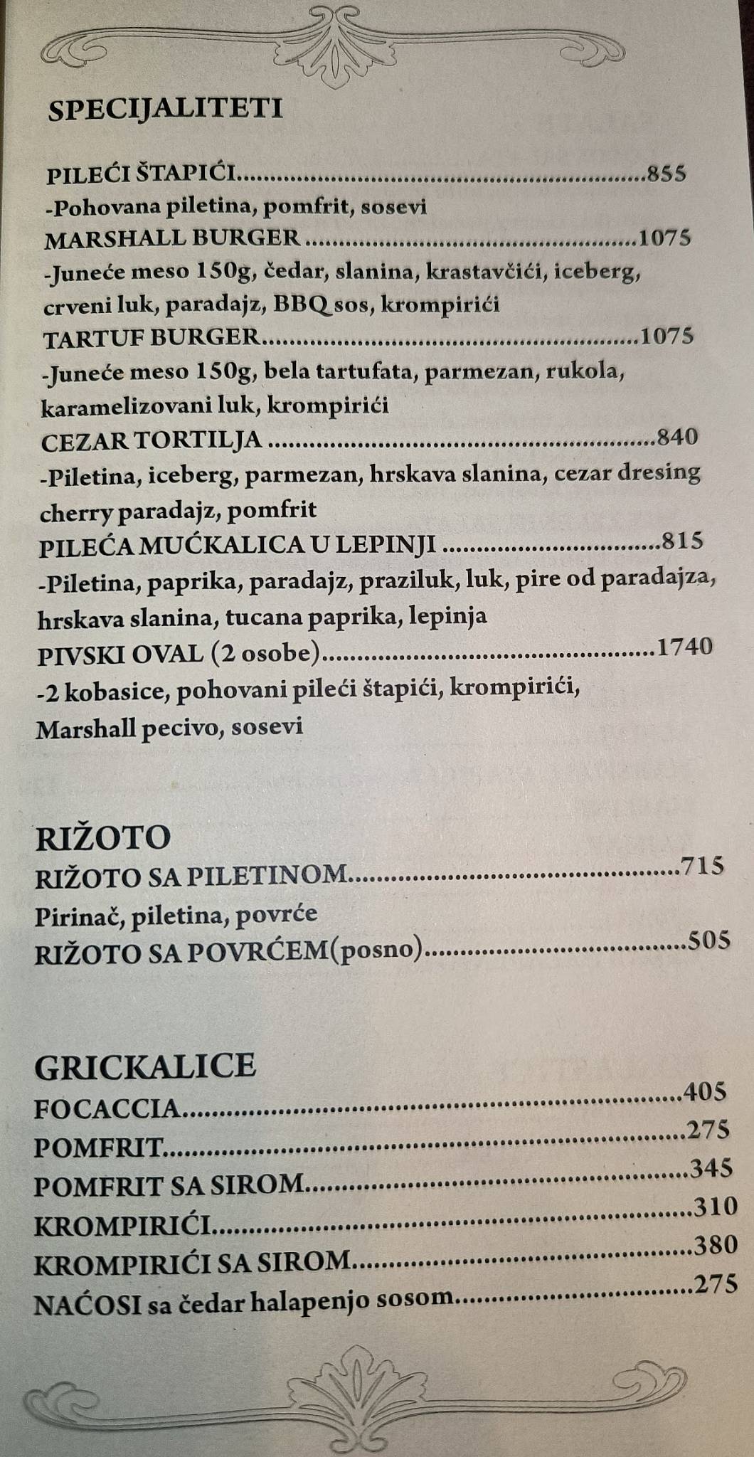 Menu at Marshall Pub, Belgrade, Ćirila i Metodija 2