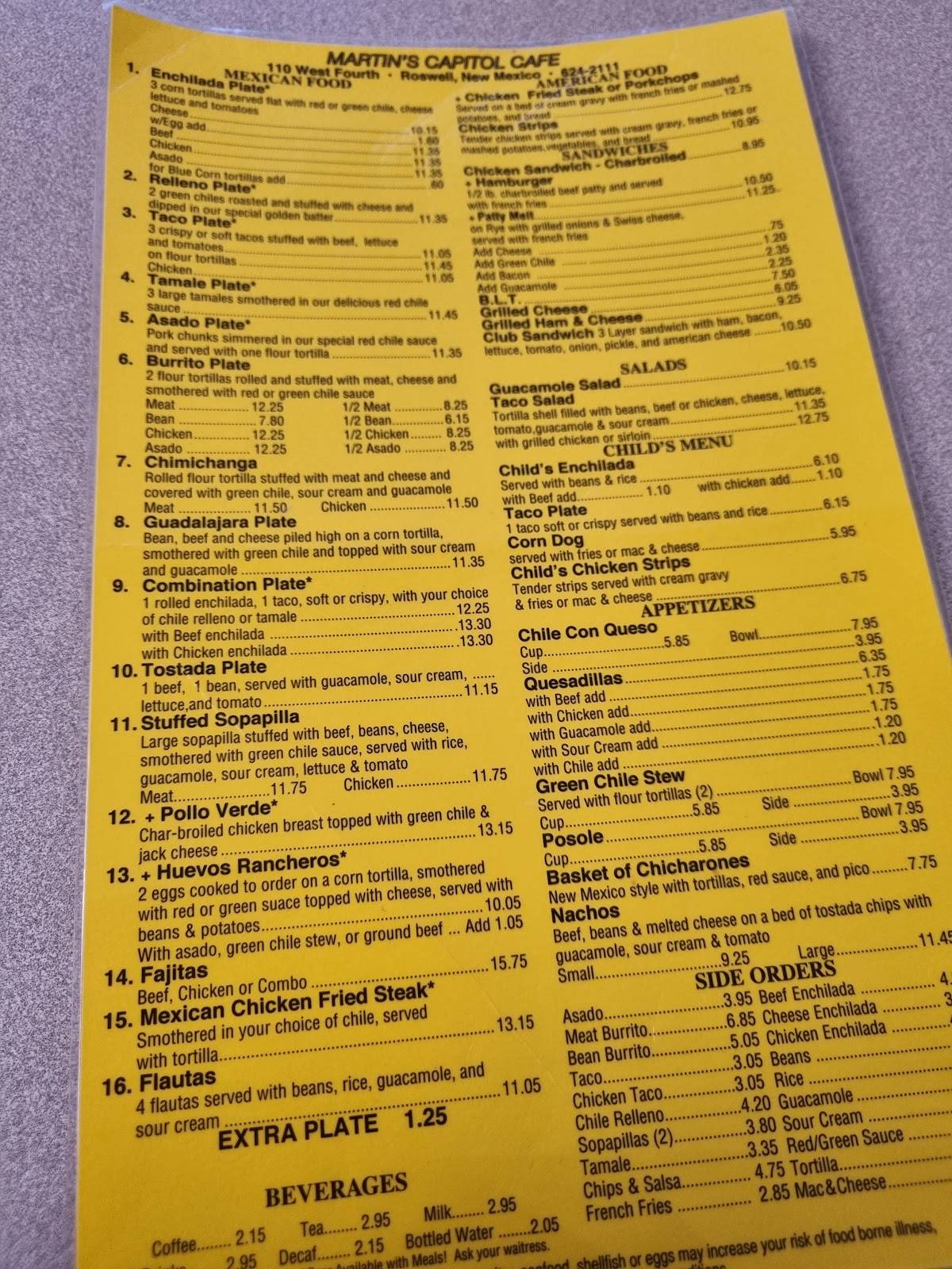 Menu at Martin's Capitol Cafe, Roswell