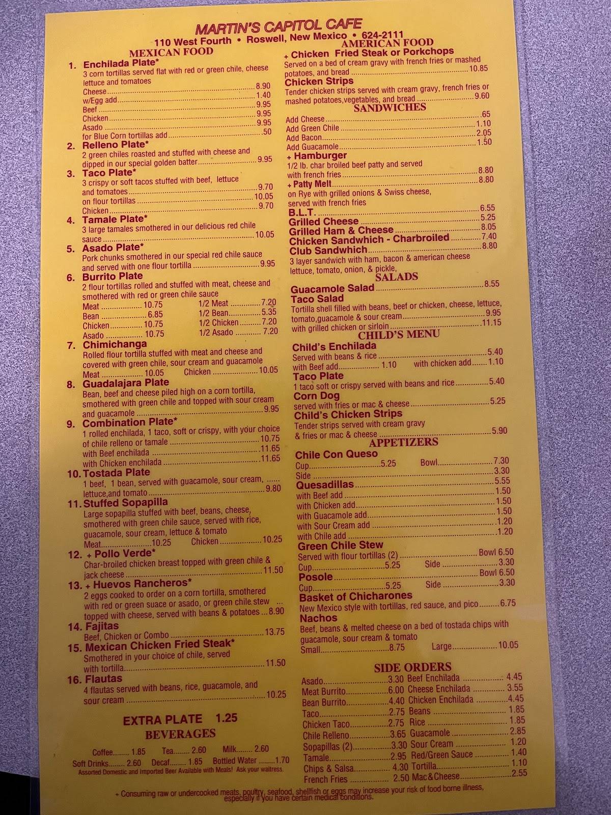Menu at Martin's Capitol Cafe, Roswell