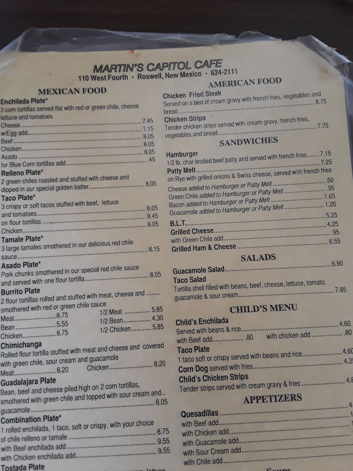 Menu at Martin's Capitol Cafe, Roswell