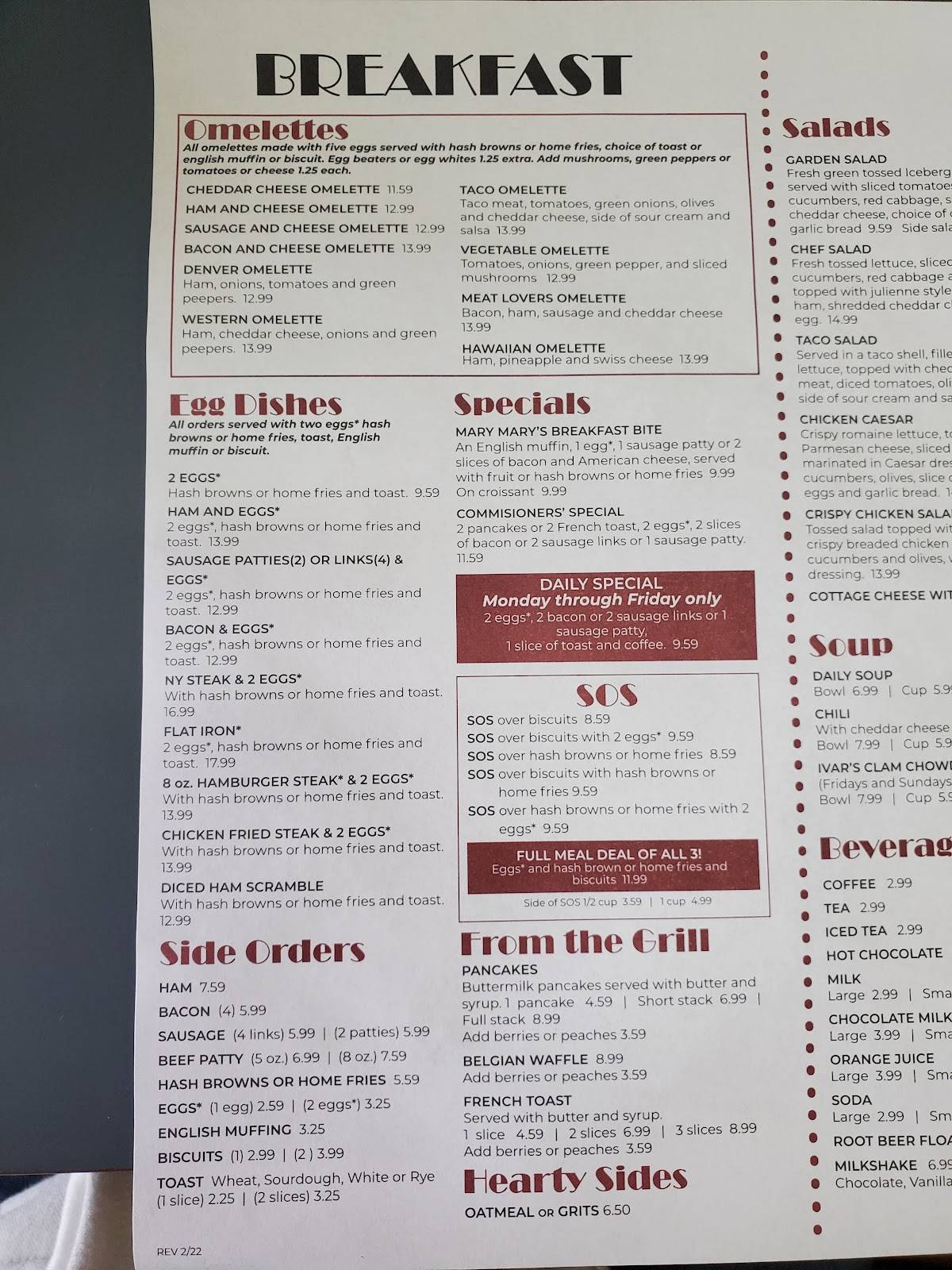 Menu at Mary Mary's Cafe, Spanaway