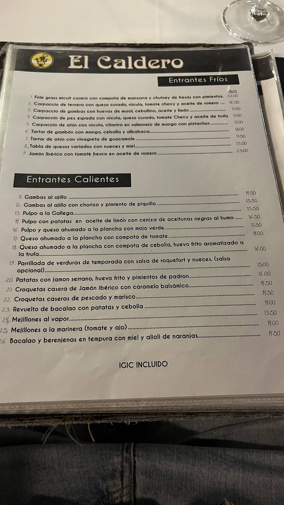 Carta de Restaurante El Caldero, Maspalomas