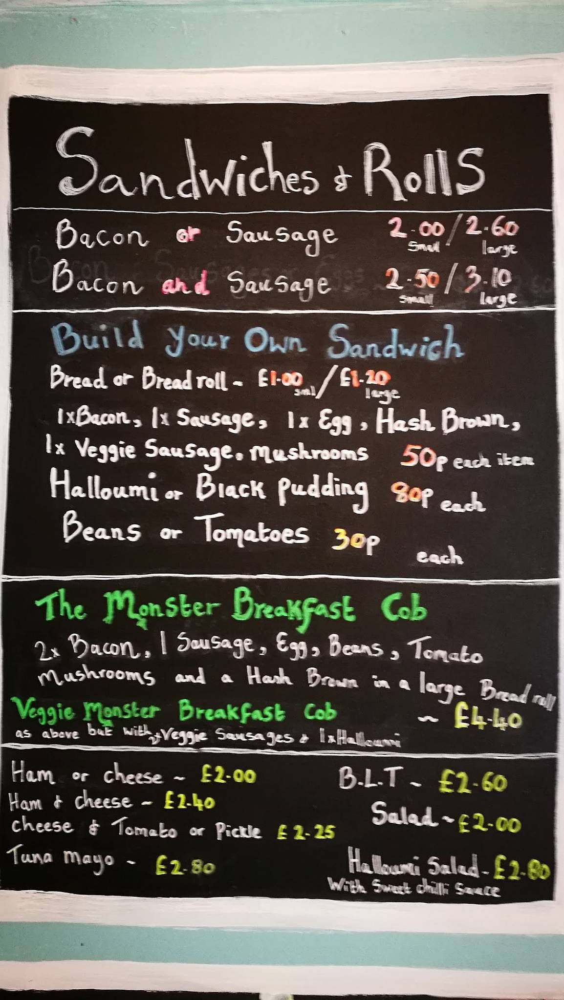 Menu at The Tor Cafe, Matlock