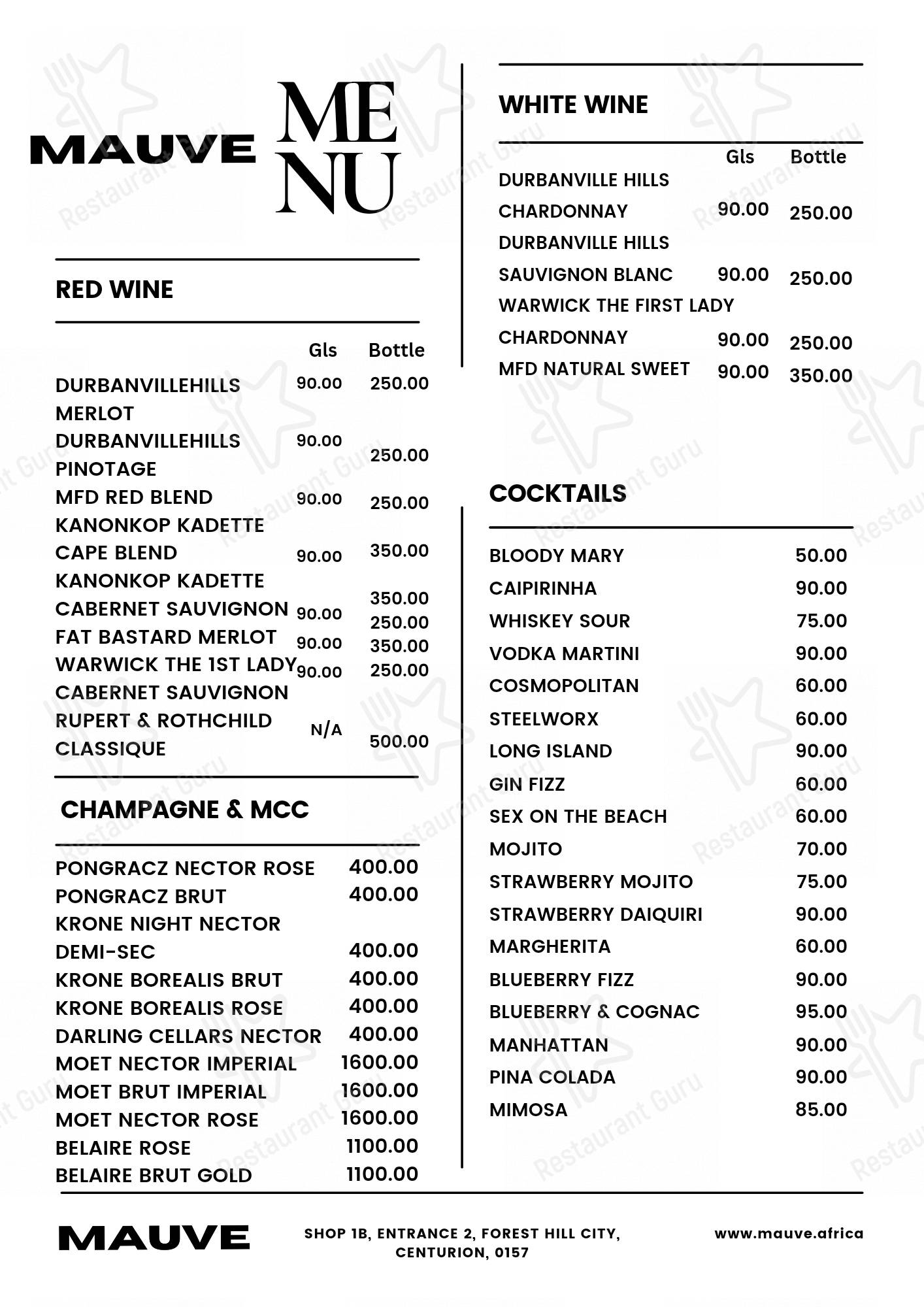 Menu at Mauve Restaurant & Champagne bar, Centurion
