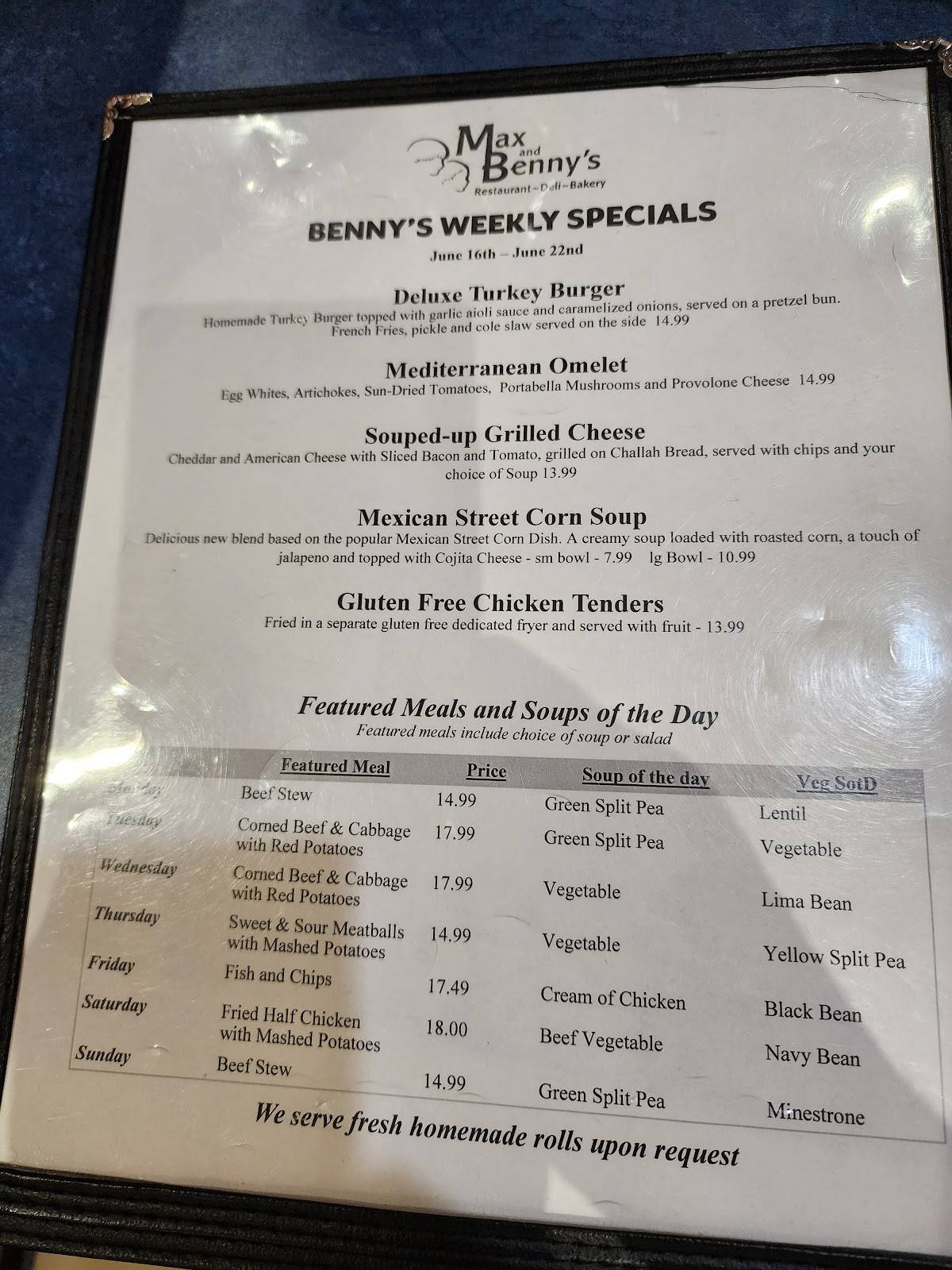 Menu at Max and Benny's restaurant, Northbrook, 461 Waukegan Rd