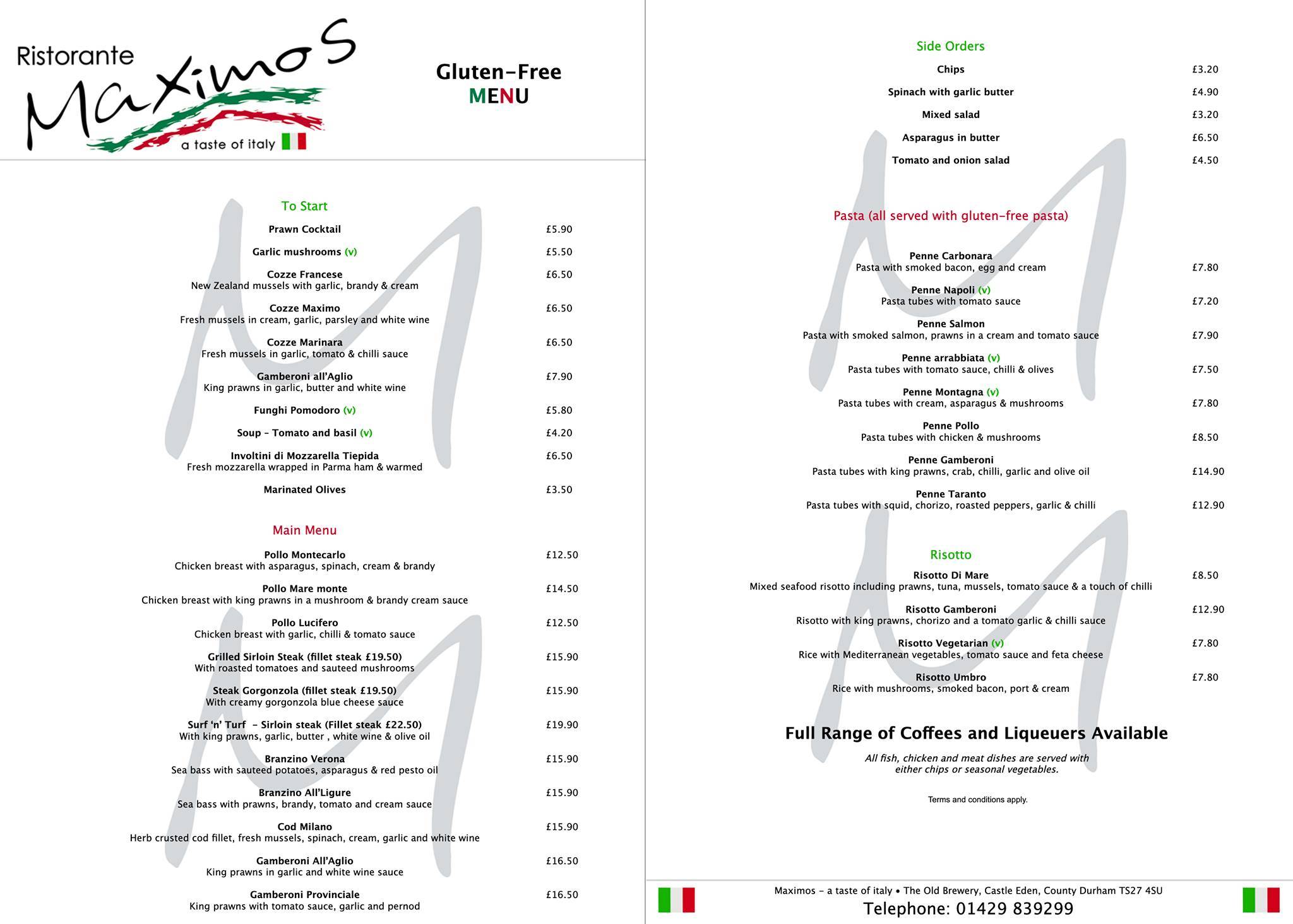 Menu at Maximo's Italian Restaurant, Peterlee