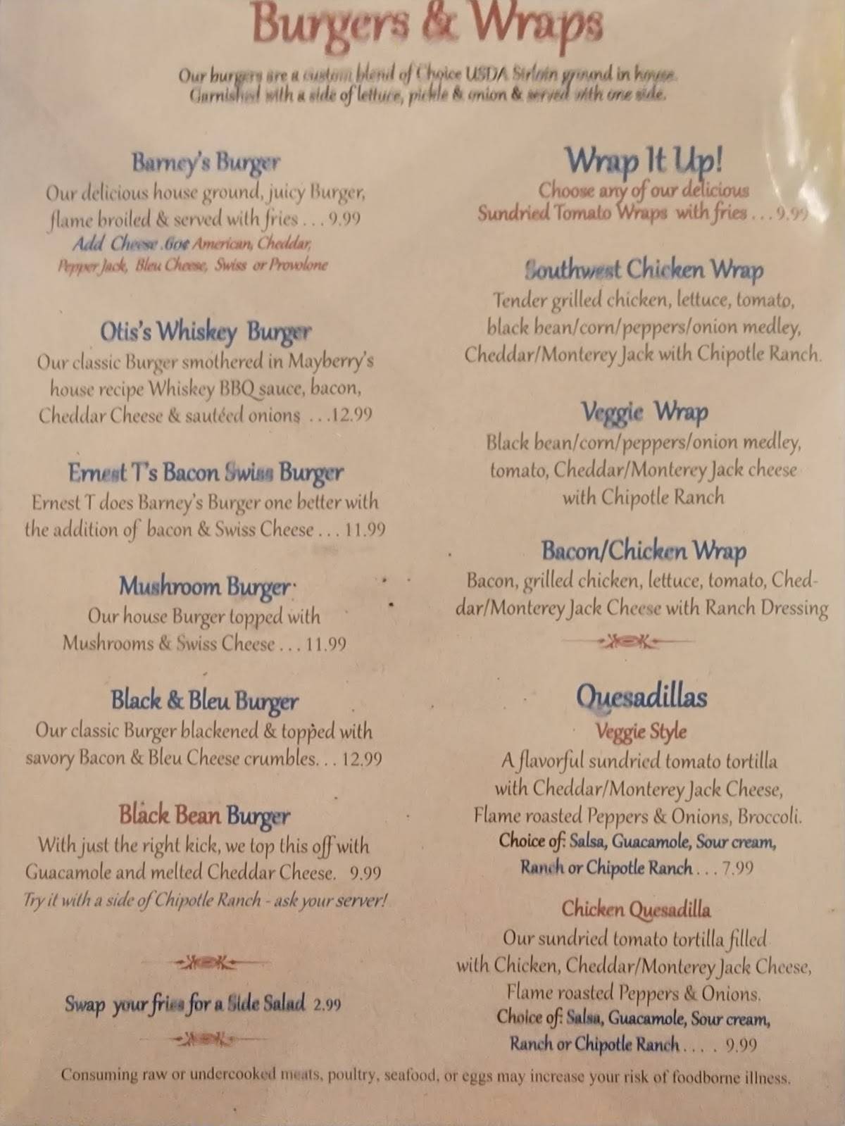 Menu at Mayberry Cafe, Danville