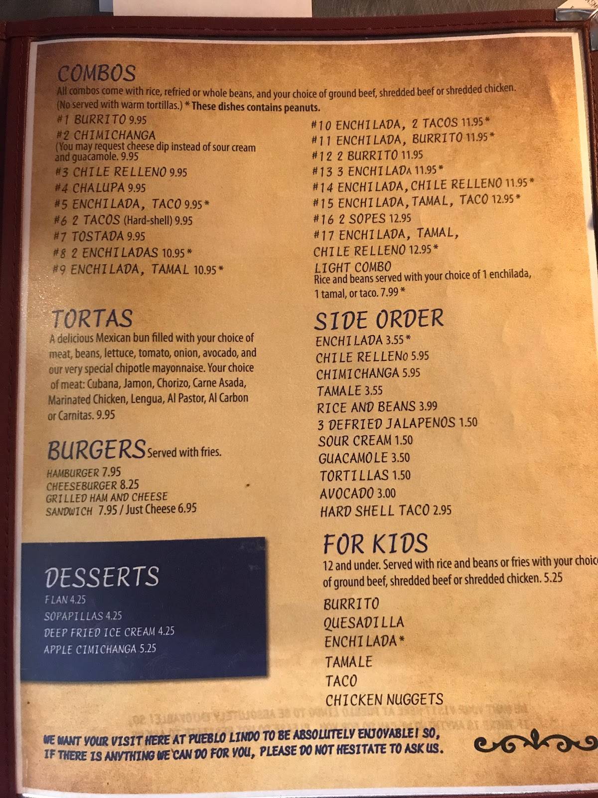 Menu at Pueblo Lindo restaurant, McCall