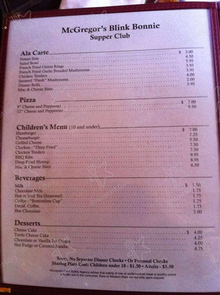 Menu at McGregor's Blink Bonnie Supper Club, USA
