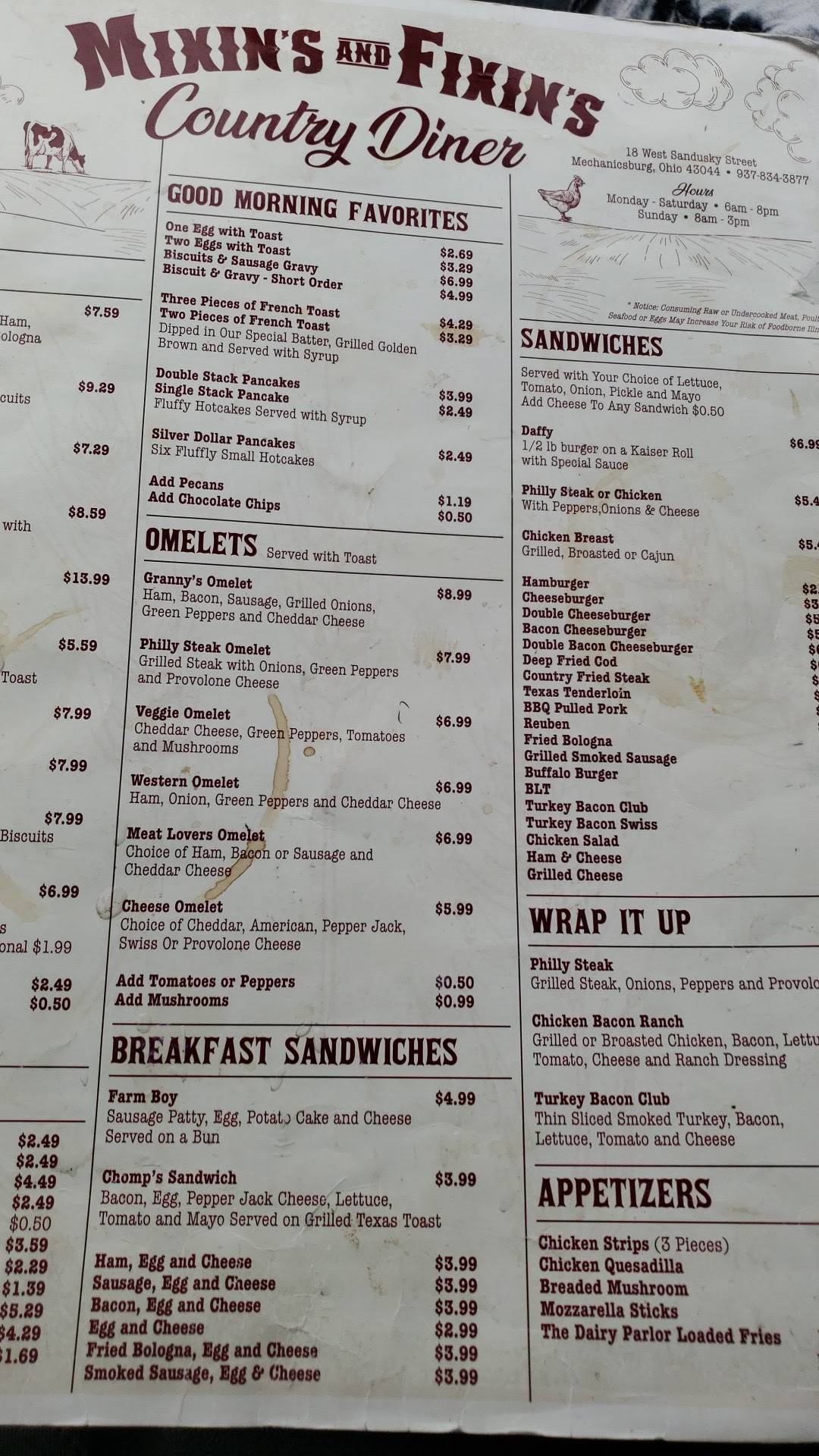 Menu at Mixin’s N Fixin’s Country Diner restaurant, Mechanicsburg