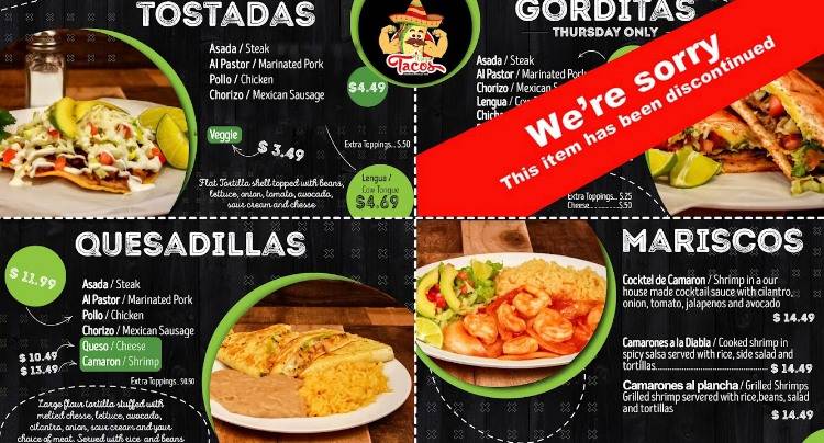Menu at Mega Tacos restaurant, Wyoming
