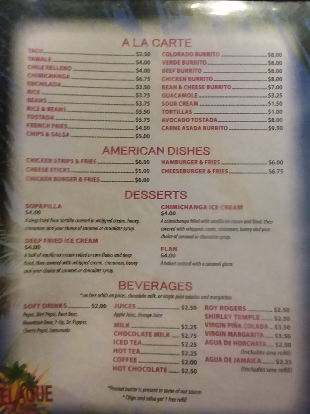 Menu at Melaque Mexican Restaurant, Helena