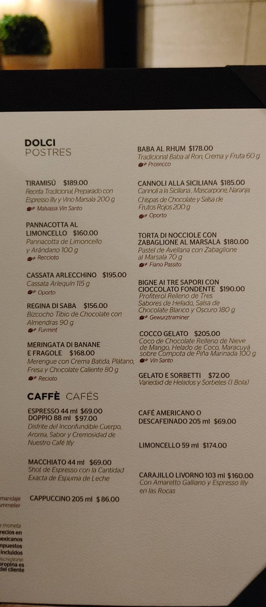 Carta del restaurante Alfredo Di Roma, Ciudad del México