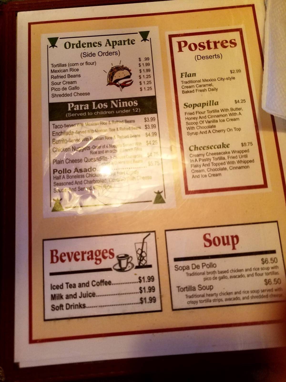 Menu at Mi Ranchito restaurant, Bryant
