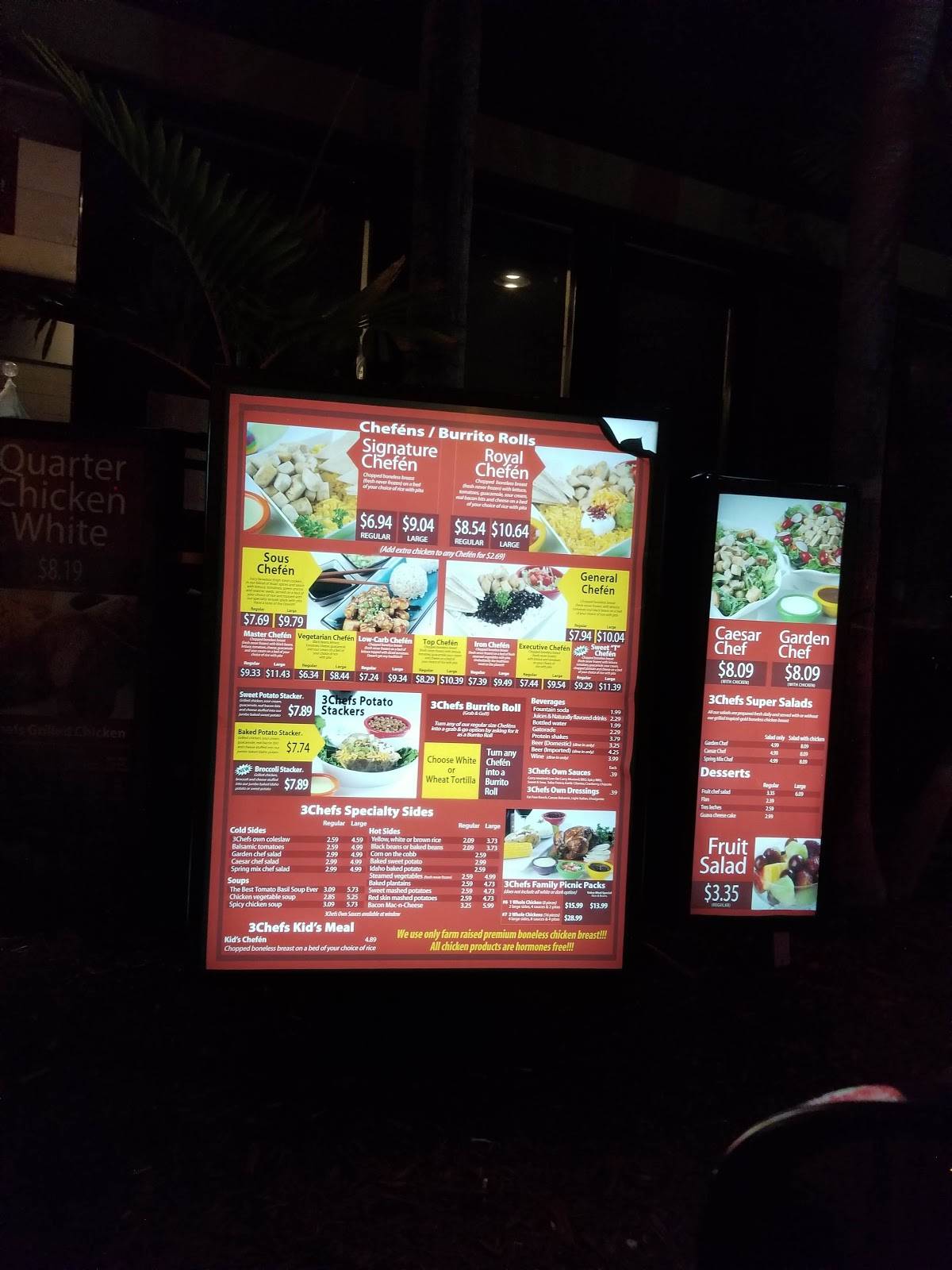 Menu at 3 Chefs and a Chicken fast food, Miami, SW 40th St