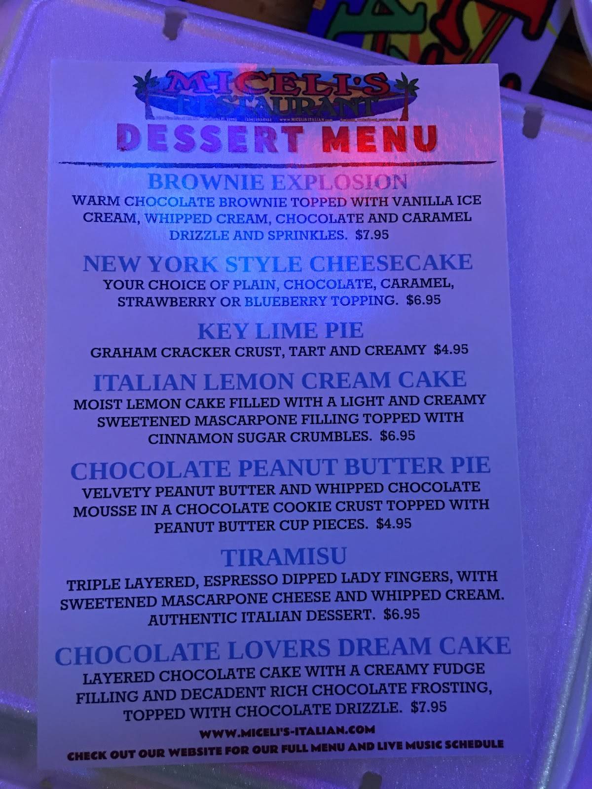 Menu at Miceli's Restaurant, Matlacha