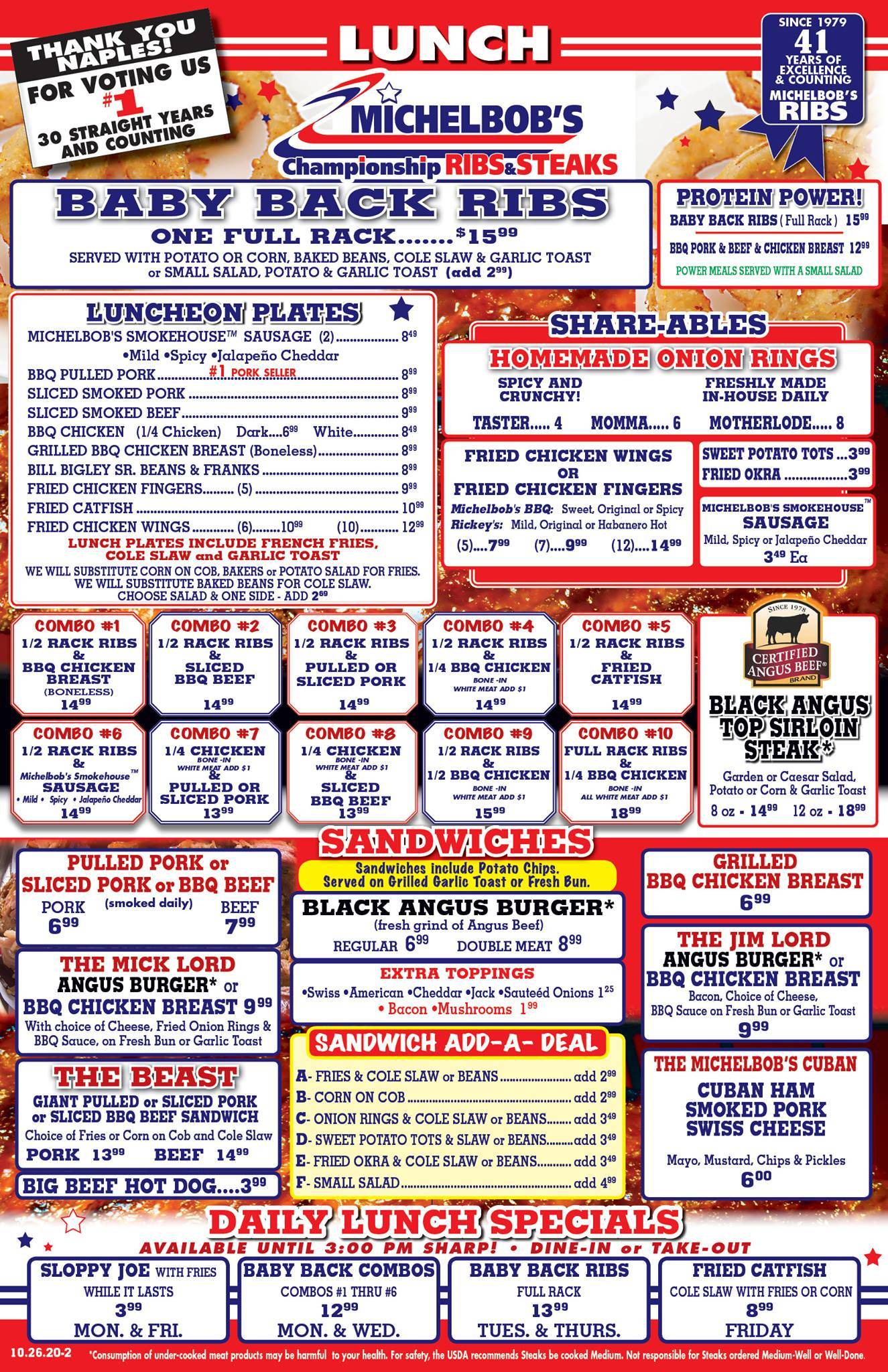 Menu at Michelbob's Championship Ribs & Steaks BBQ, Naples