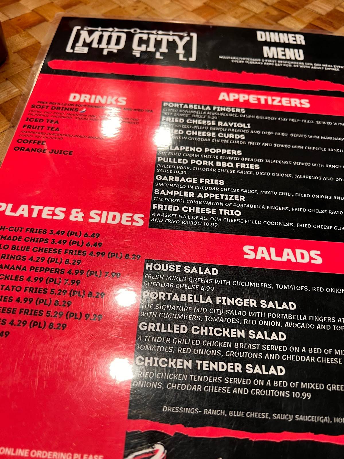 Menu at Mid City Grill restaurant, Kingsport