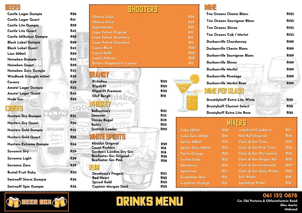 Carta del pub y bar Beer Box, Midrand