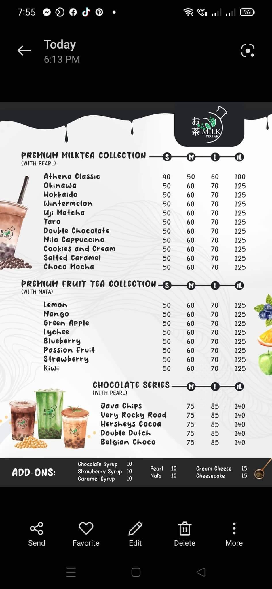 Carta del café Milk tea lab, Dasmariñas