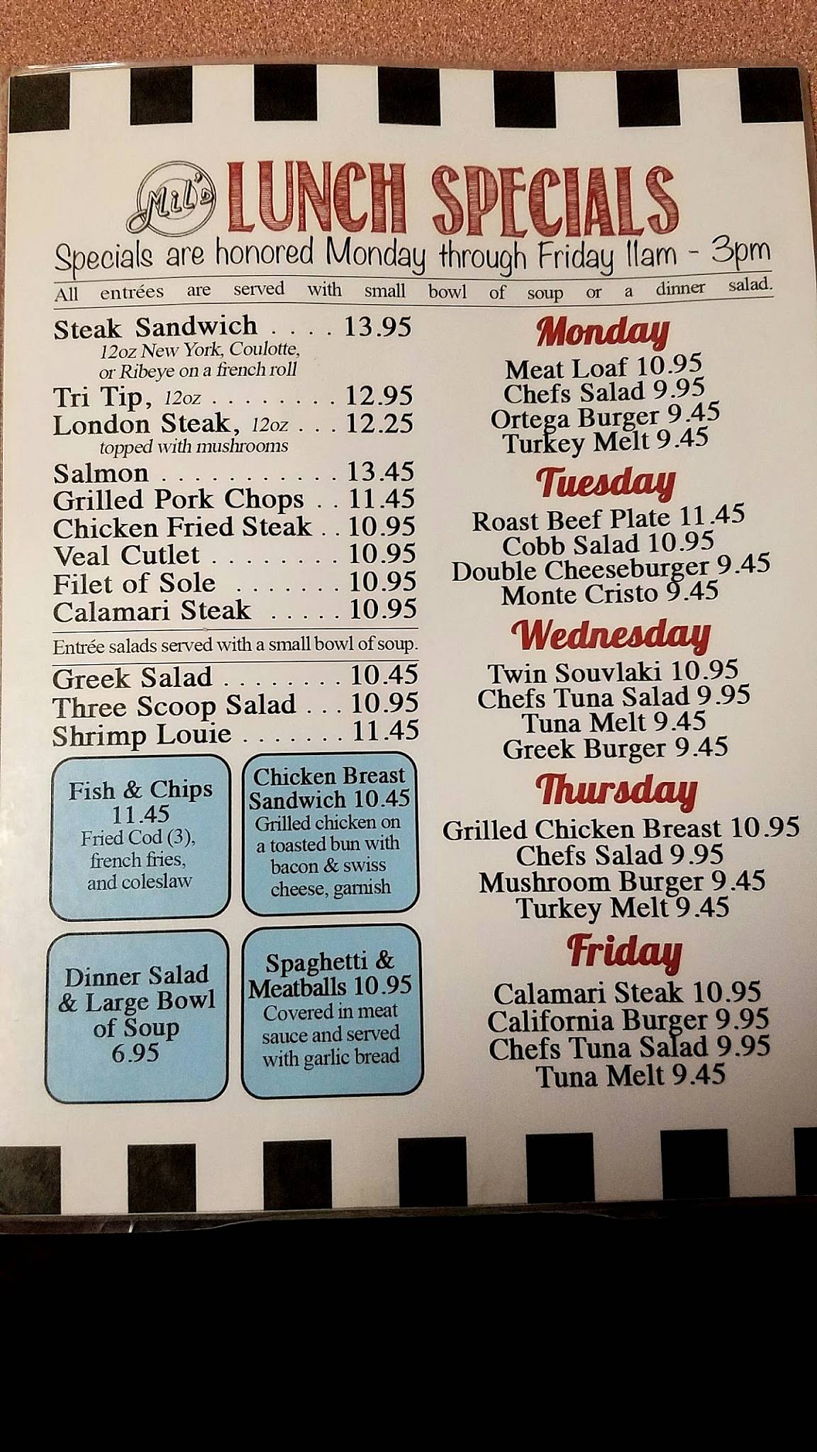 Menu at Mil's Diner restaurant, Milpitas