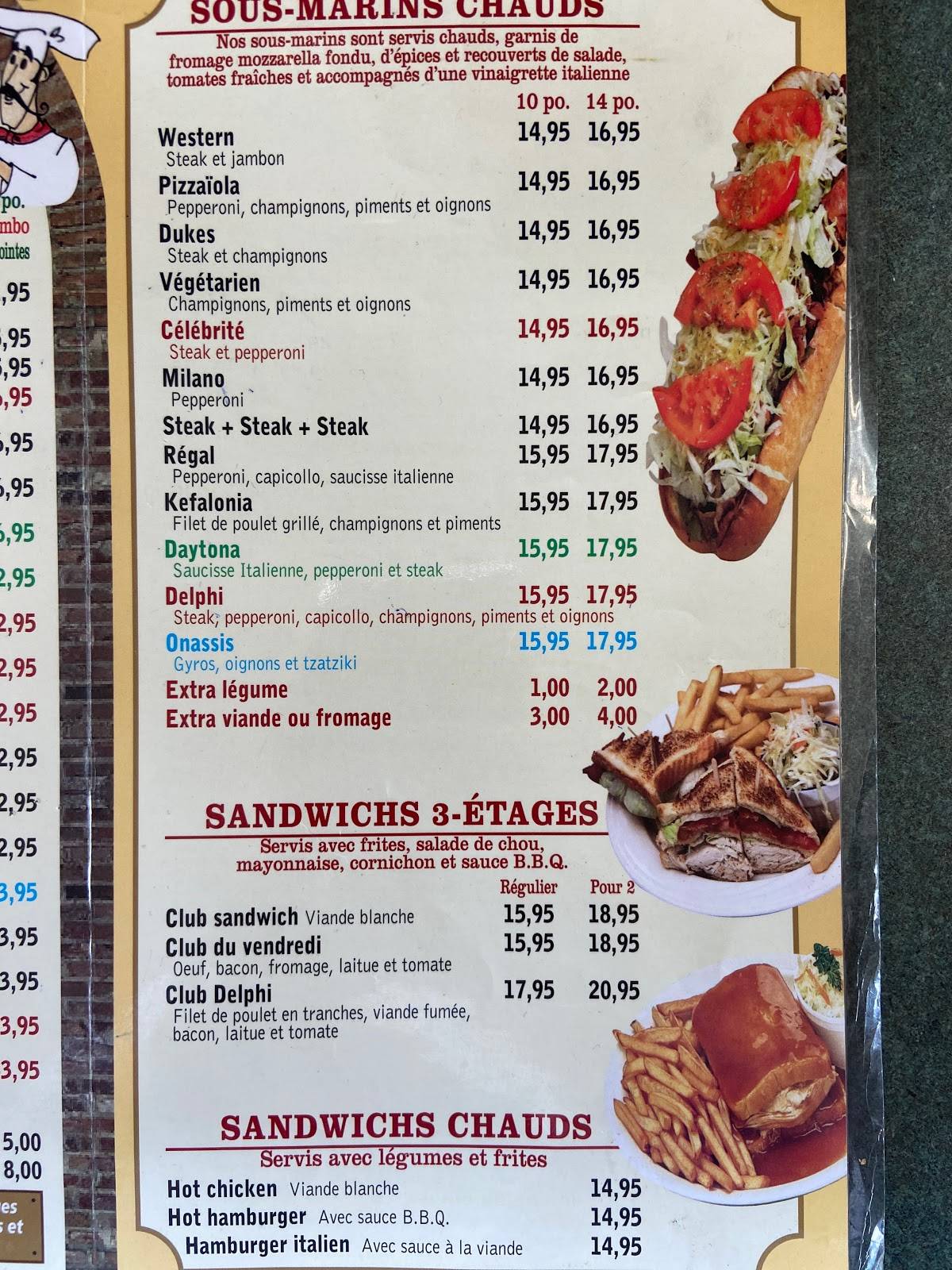 Menu au Pizza Delphi Sous-Marins pizzeria, Mirabel