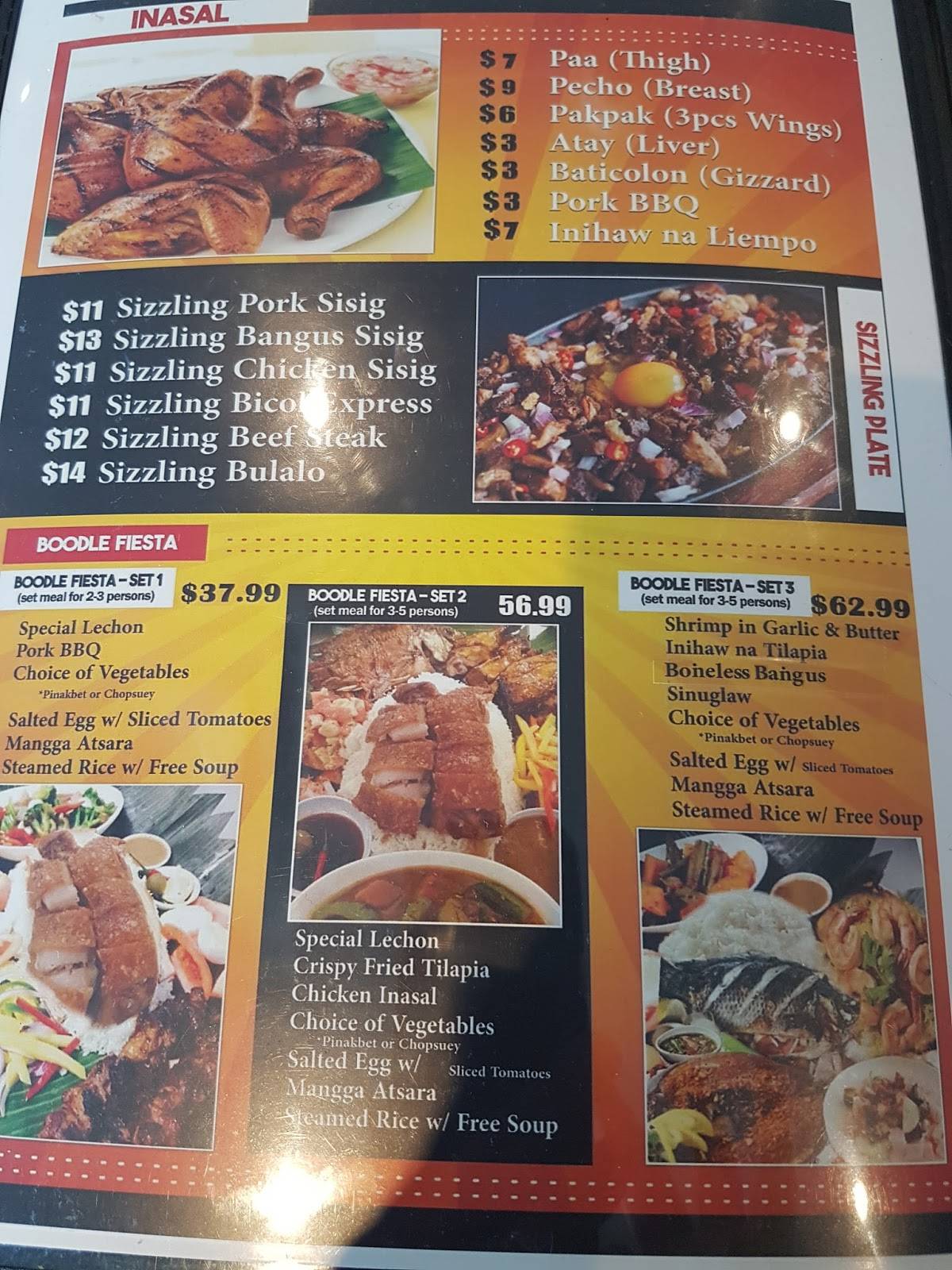 Menu at Bella's Inasal restaurant, Mississauga