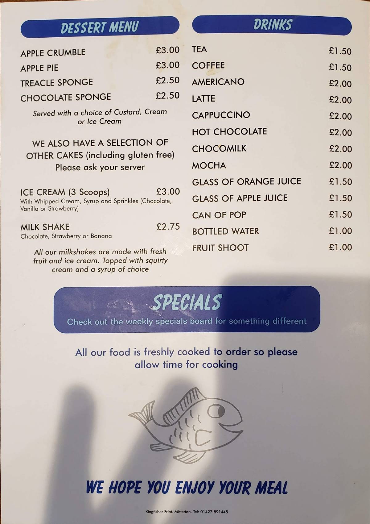 Menu at Misterton Chippy restaurant, Haxey