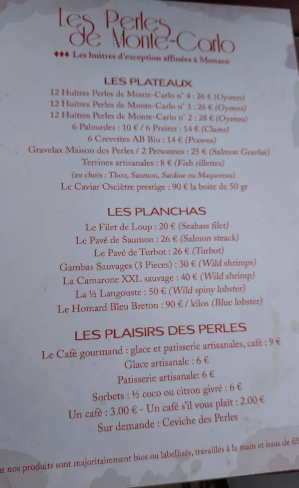Menu au Les Perles de Monte-Carlo restaurant, Monaco