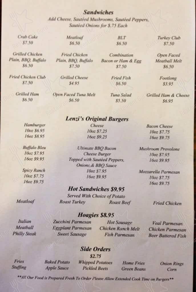 Menu at Lenzi's Restaurant, Monongahela