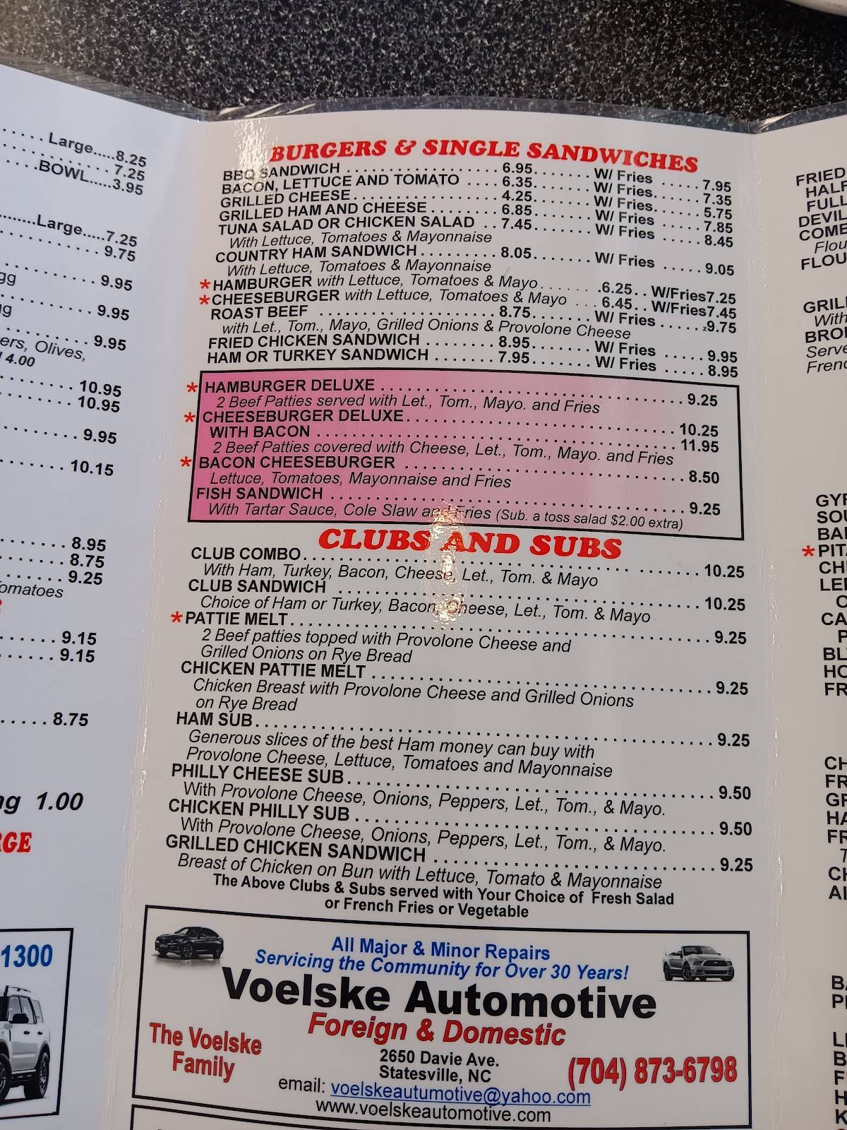 Menu at Trackside Restaurant, Mooresville