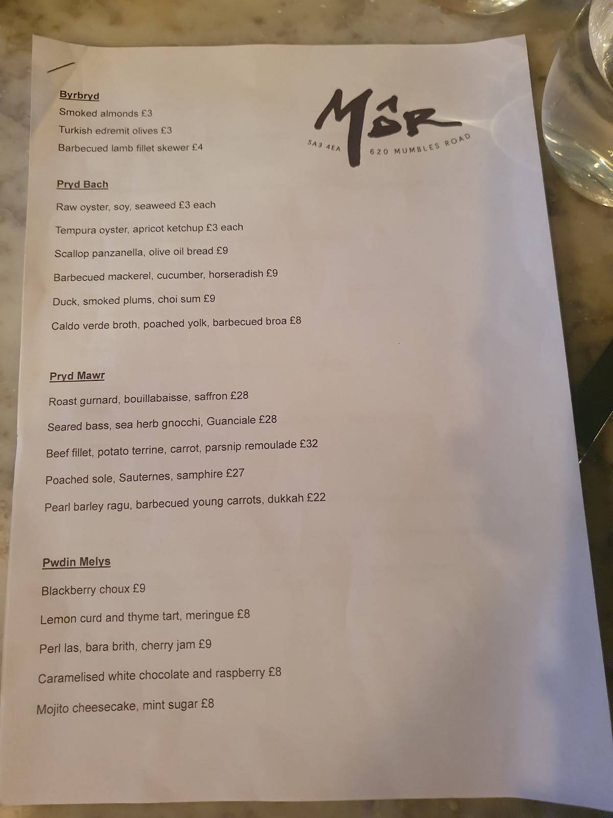 Menu at Môr restaurant, The Mumbles