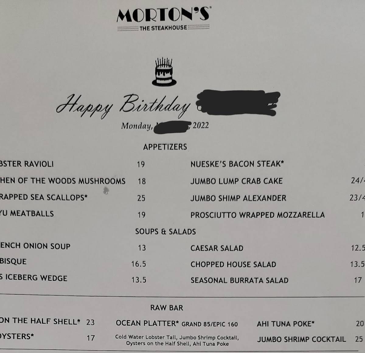 Menu at Morton's The Steakhouse, Burbank, W Olive Ave