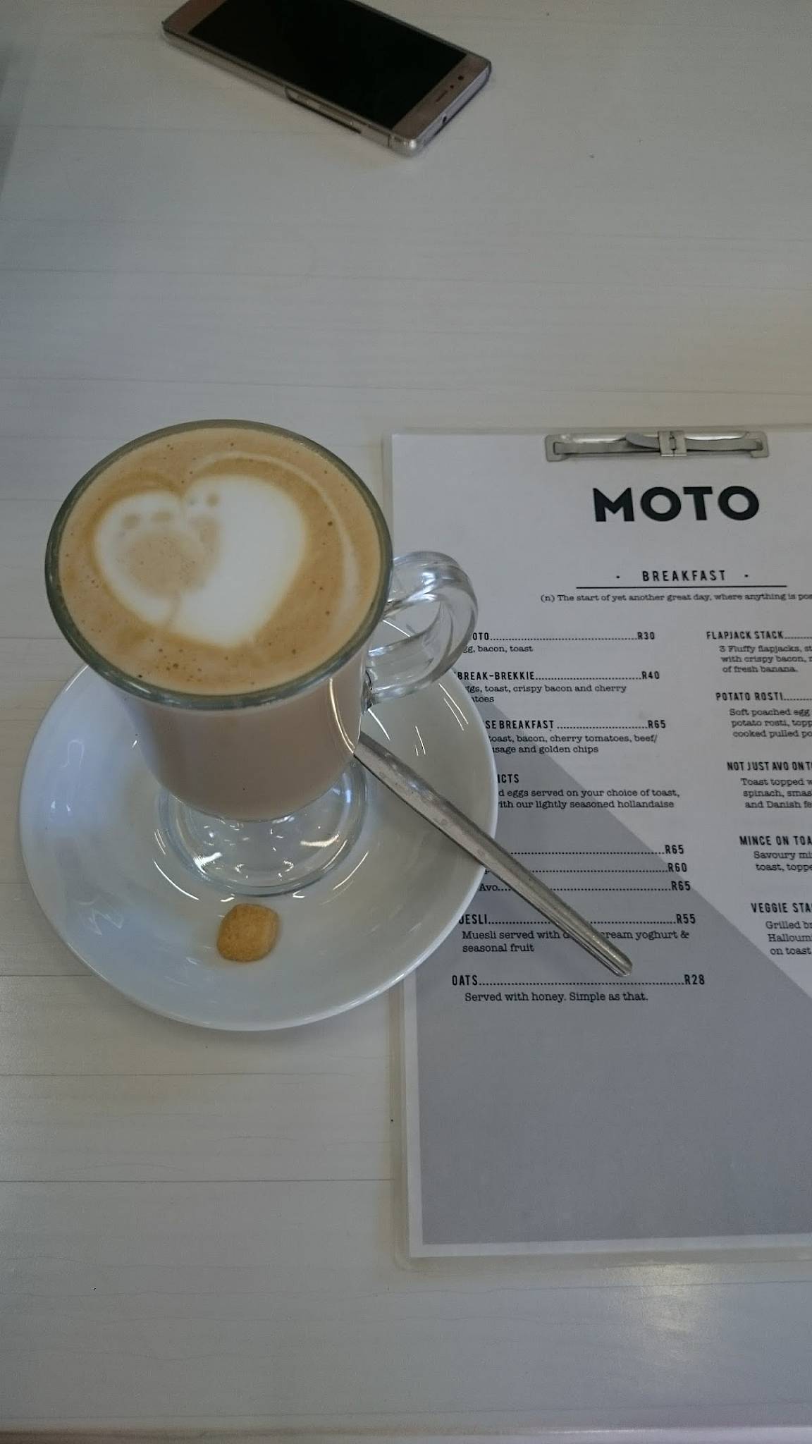 Menu at Moto Cafe, Umhlanga