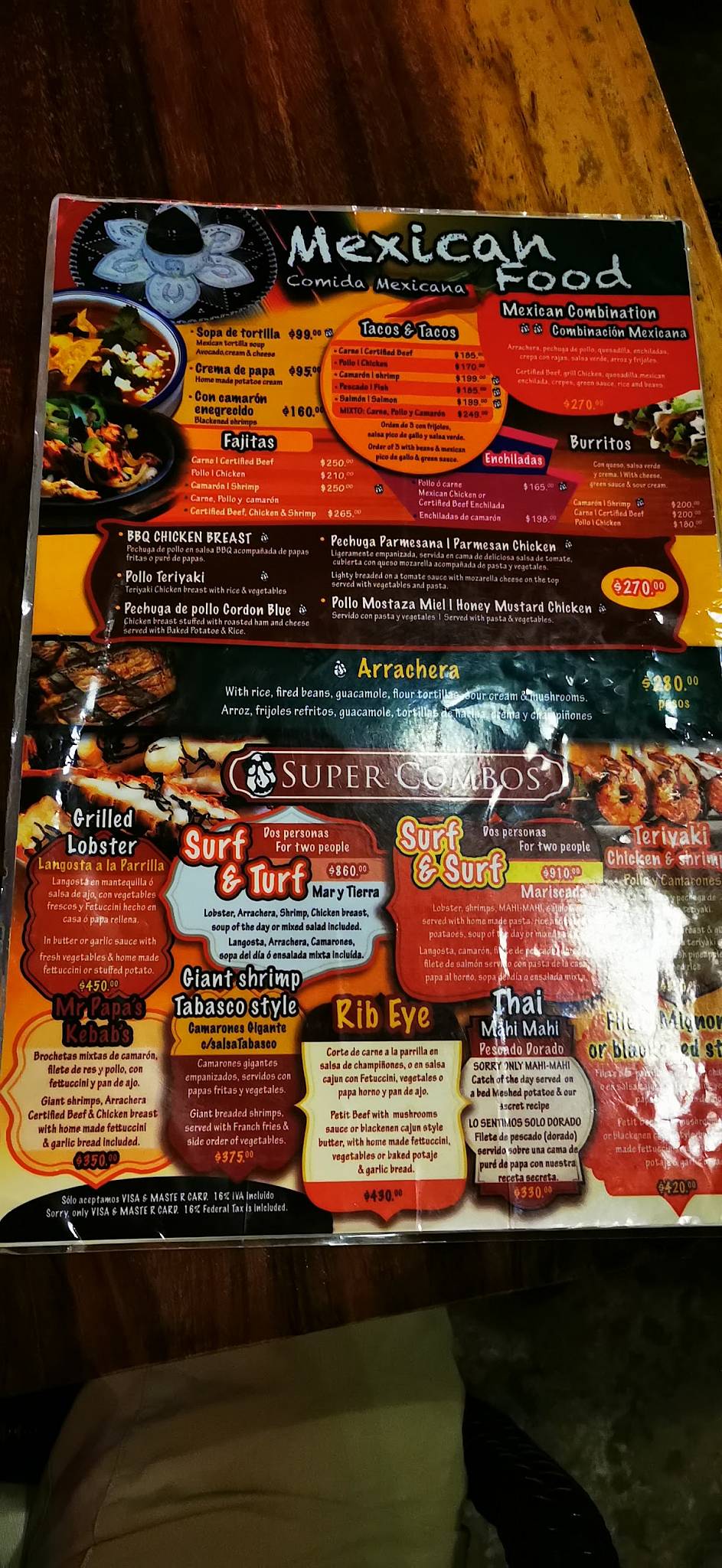 Menu at Mr. Papa's restaurant, Cancún