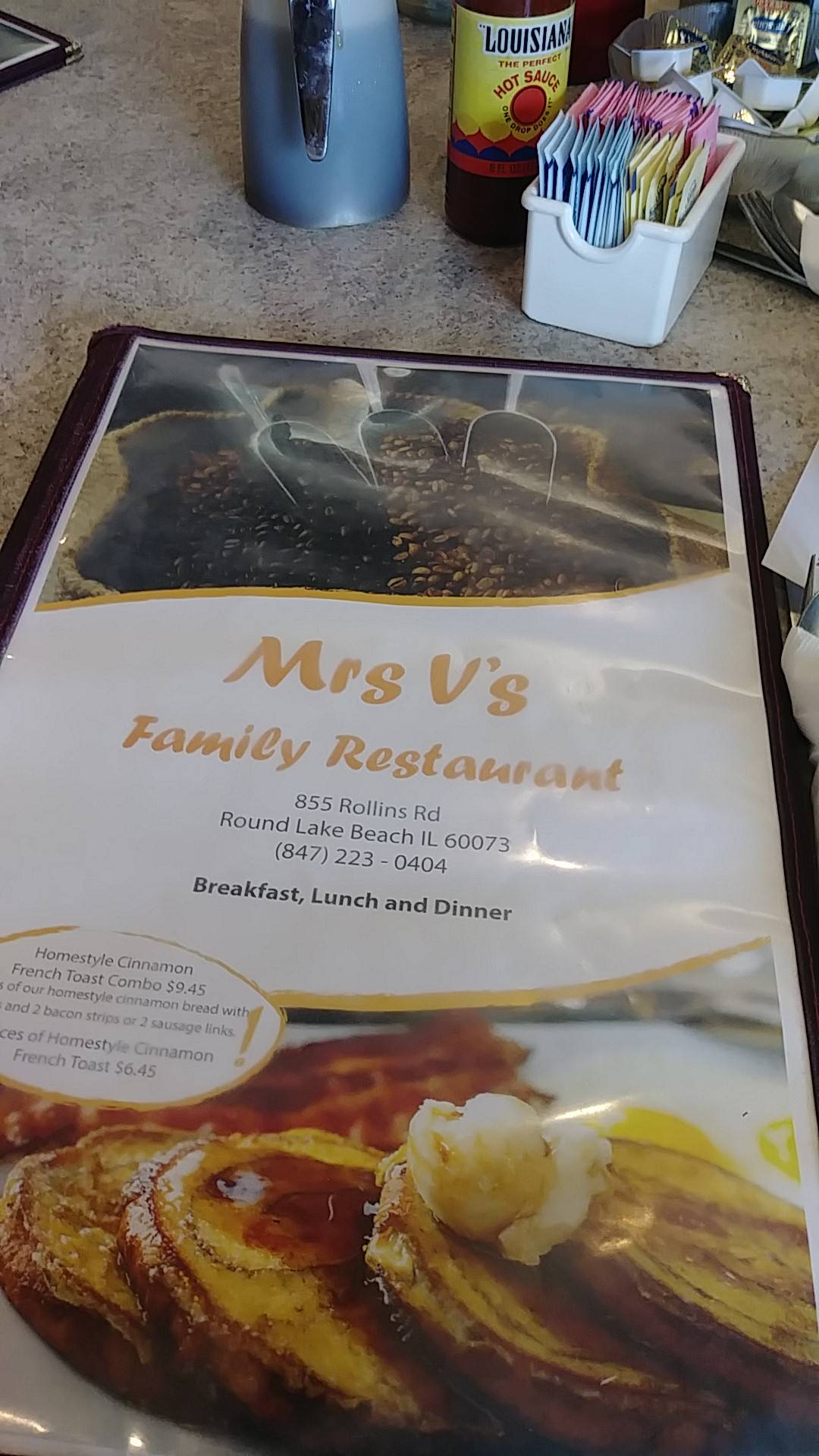 Menu at Mrs V's Restaurant, Round Lake Beach