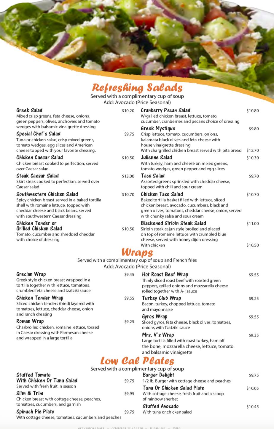 Menu at Mrs V's Restaurant, Round Lake Beach