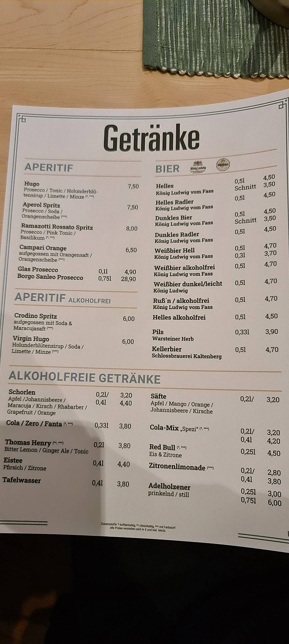 Menu at Prinzregent Garten restaurant, Munich