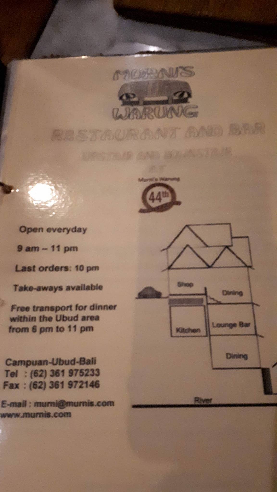 Menu at Murni's Warung restaurant, Ubud