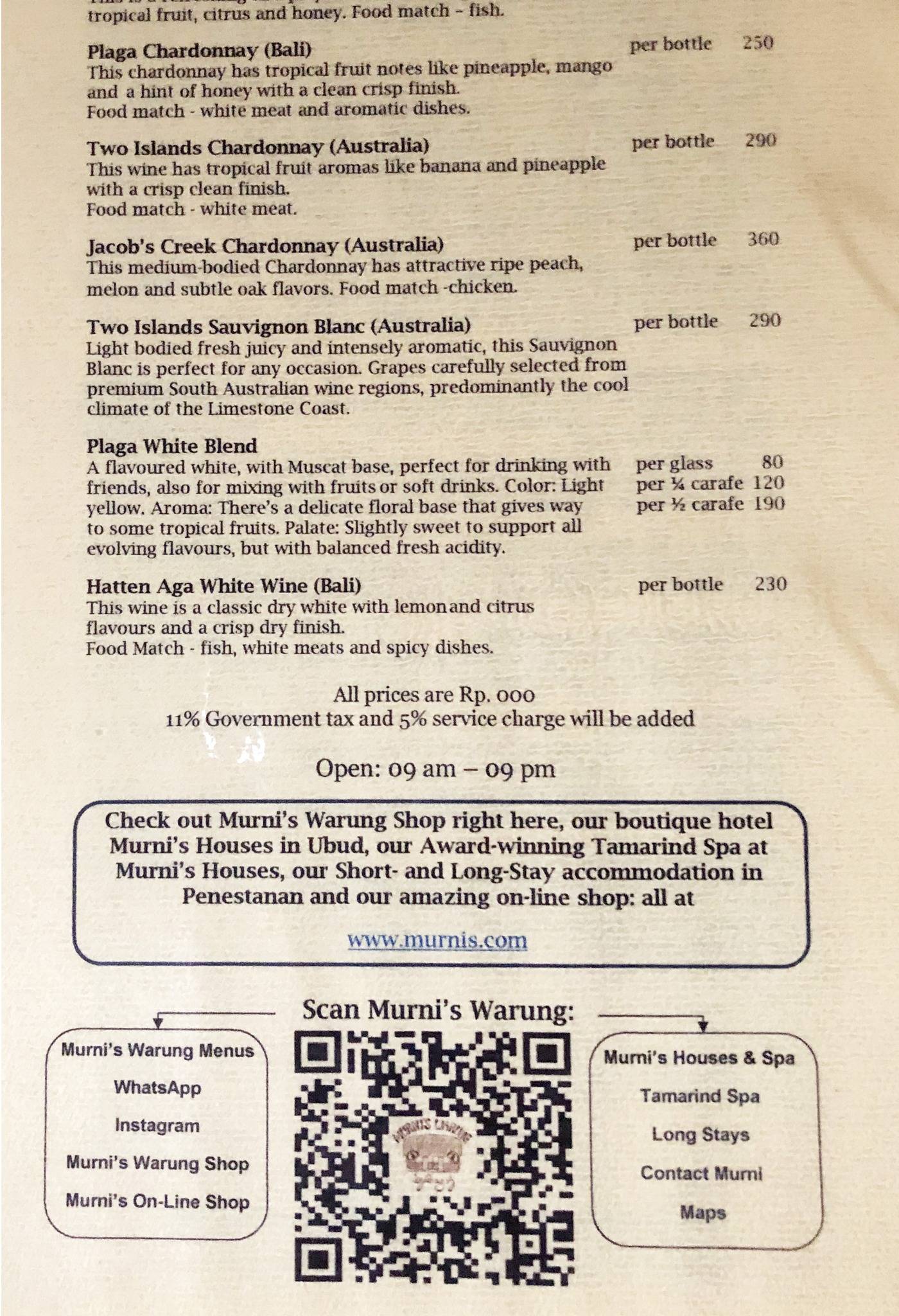 Menu at Murni's Warung restaurant, Ubud