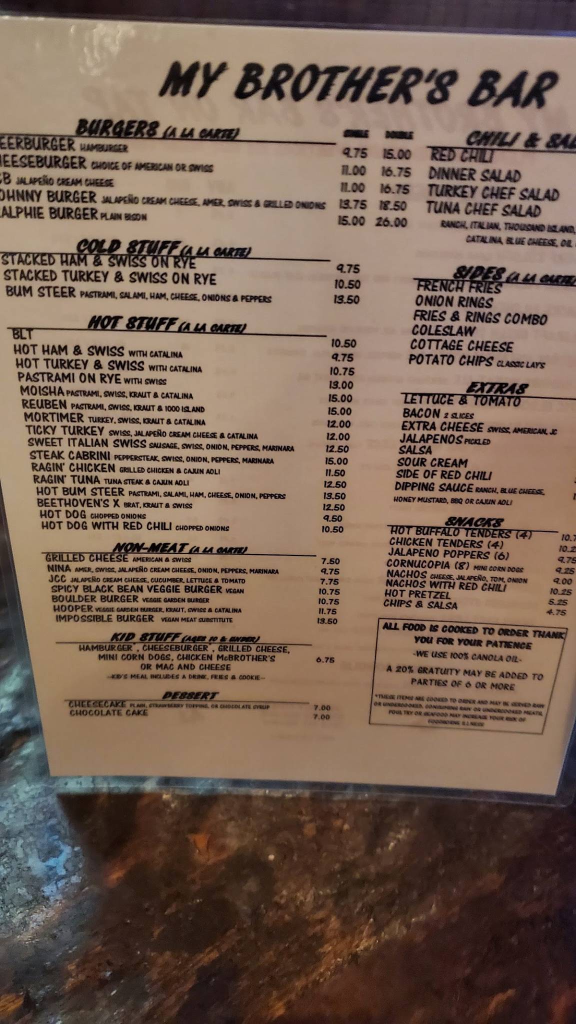 Menu at My Brother's Bar, Denver